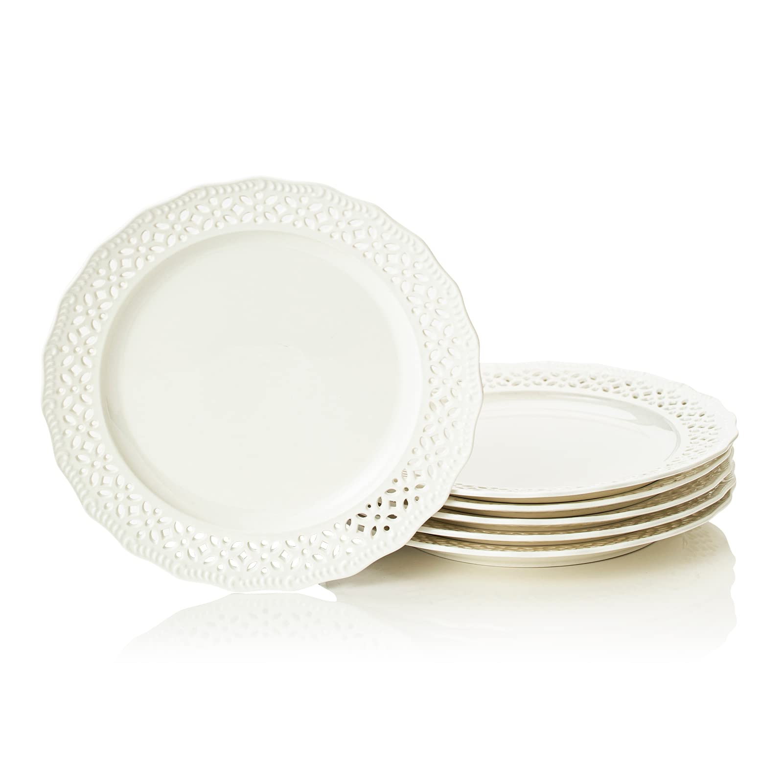 Magclay Ceramic Dinner Plates, Set of 6, 10.6 Inch Round Carved Plate, Scratch Resistant, Modern Dinnerware Dishes Set for Steak, Pasta, Party (White)