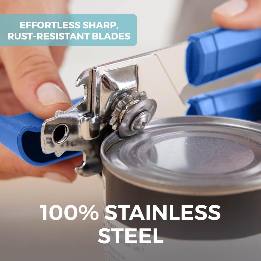 Home Genie Stainless Steel Blade and Rust Resistant Manual Can Opener, HandHeld Easy Turn Knob, Smooth Edge Cut on Lids, Large Handles with Bottle Top Openers, Kitchen Tool Accessories, Pitch Black