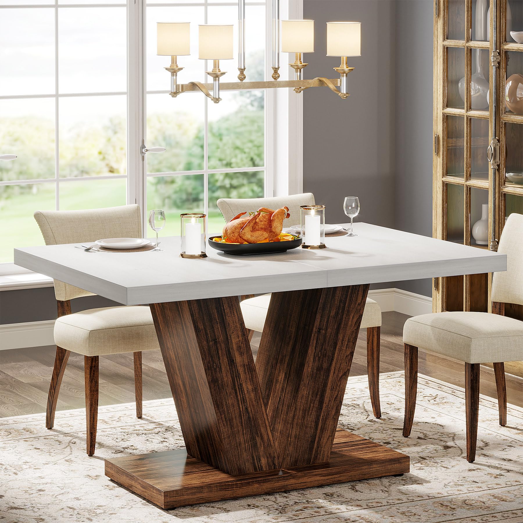 Tribesigns 47-Inch Dining Table for 4, White Kitchen Dinner Table with Heavy Duty Pedestal, Farmhouse Wooden Eating Table for Home, Dining Room, Small Space