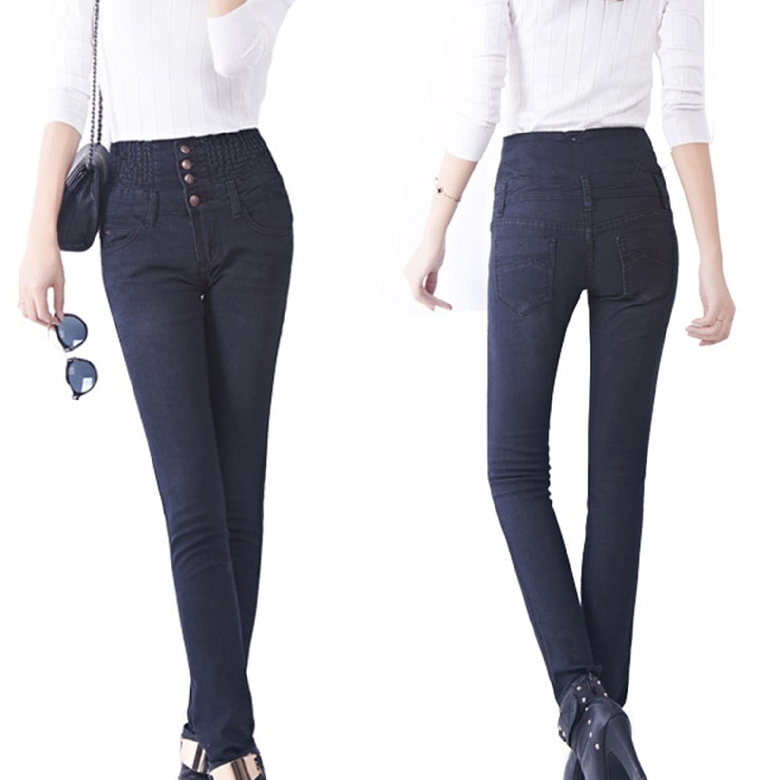 Maiyifu-GJ Women's High Waist Stretch Skinny Jeans Slim Fit 4 Button Denim Pants Solid Color Butt Lifting Jean Trouser (Black,32)