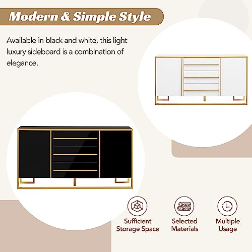 WADRI 59" Sideboard with 3 Drawers and 2 Cabinets, Wood Accent Storage Cabinet with Adjustable Shelves and Gold Metal Legs, Cabinet Console Table for Living Room, Home Office (Black + MDF-A46)