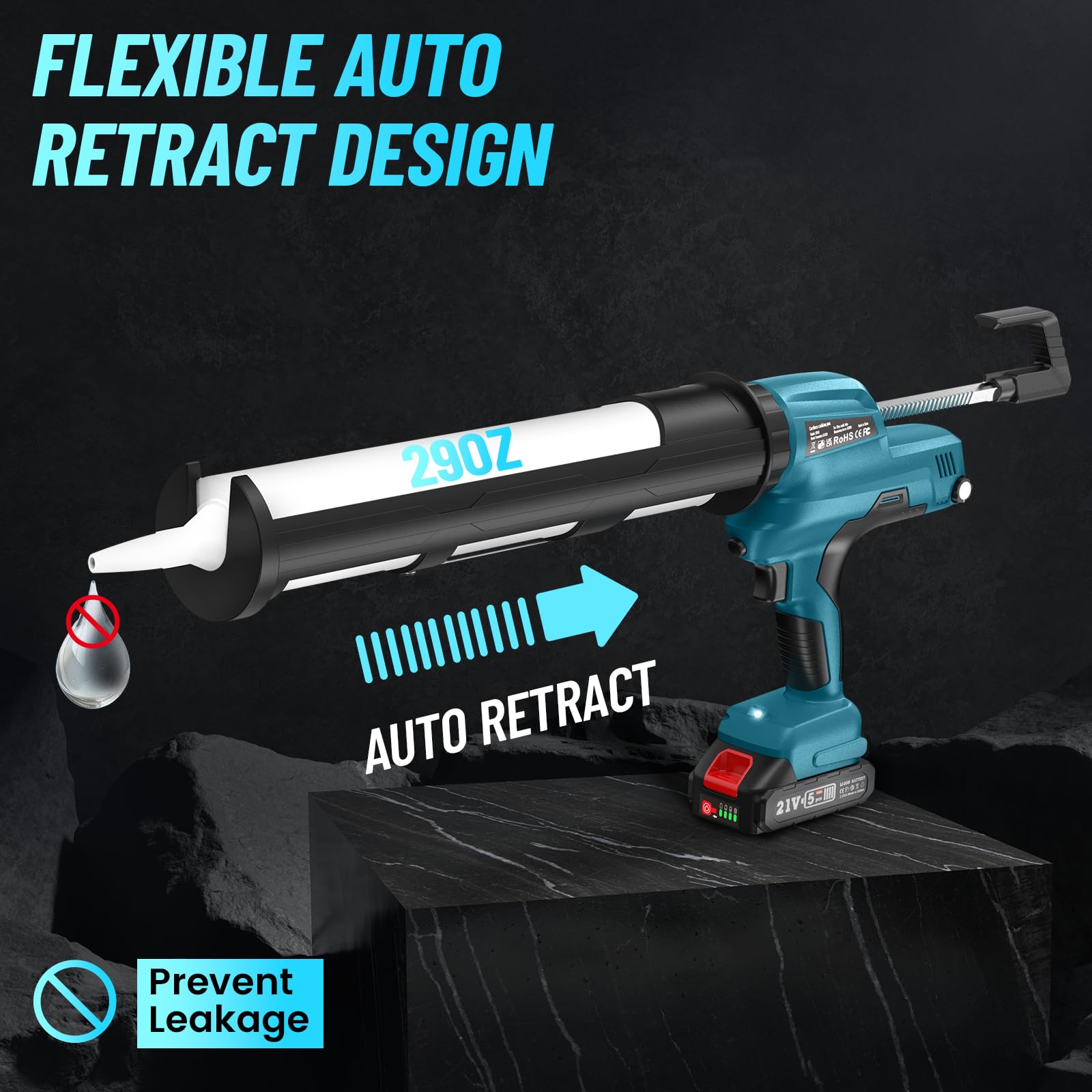 Seesii Cordless Caulking Gun, 29oz Electric Caulking Gun w/ 2000mAh Li-ion Battery, Caulk Gun with Stepless Speed Control, LED Light, 360° rotating head for Filling, Sealing
