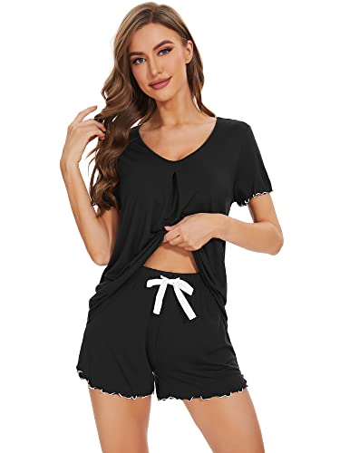 WiWi Bamboo Viscose Pajamas for Women Soft Summer Pajama Short Sets Ruffle Seams Sleepwear Comfy Pleated Pj Set S-XXL, Black, X-Large