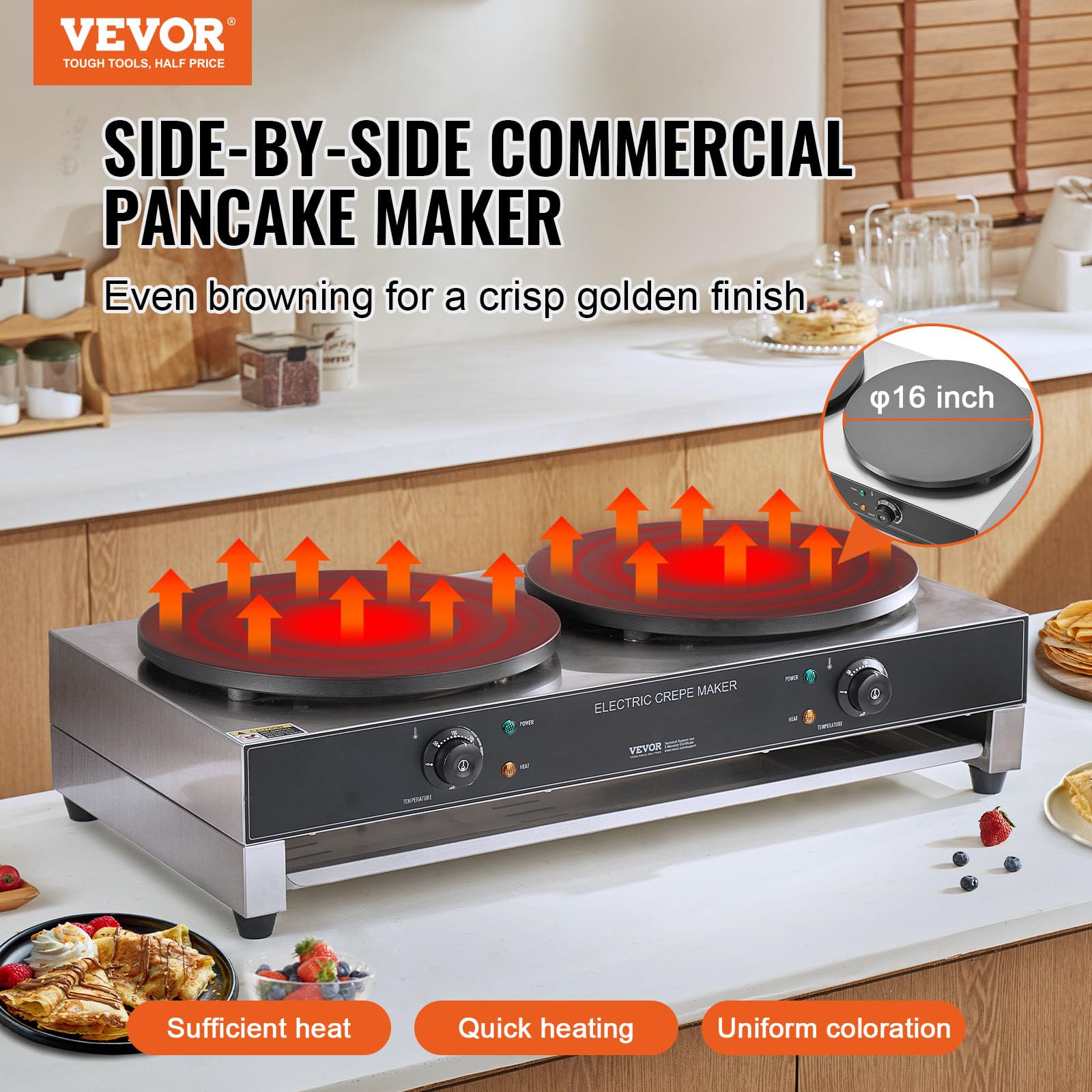 VEVOR Electric Crepe Maker, 16-Inch Double Head Commercial Crepe Machine, 3400W Flat Plate Crepe Griddle, Nonstick Stainless Steel Pancake Making, Desktop Circular Cereals Pancake Stove, Temp Control