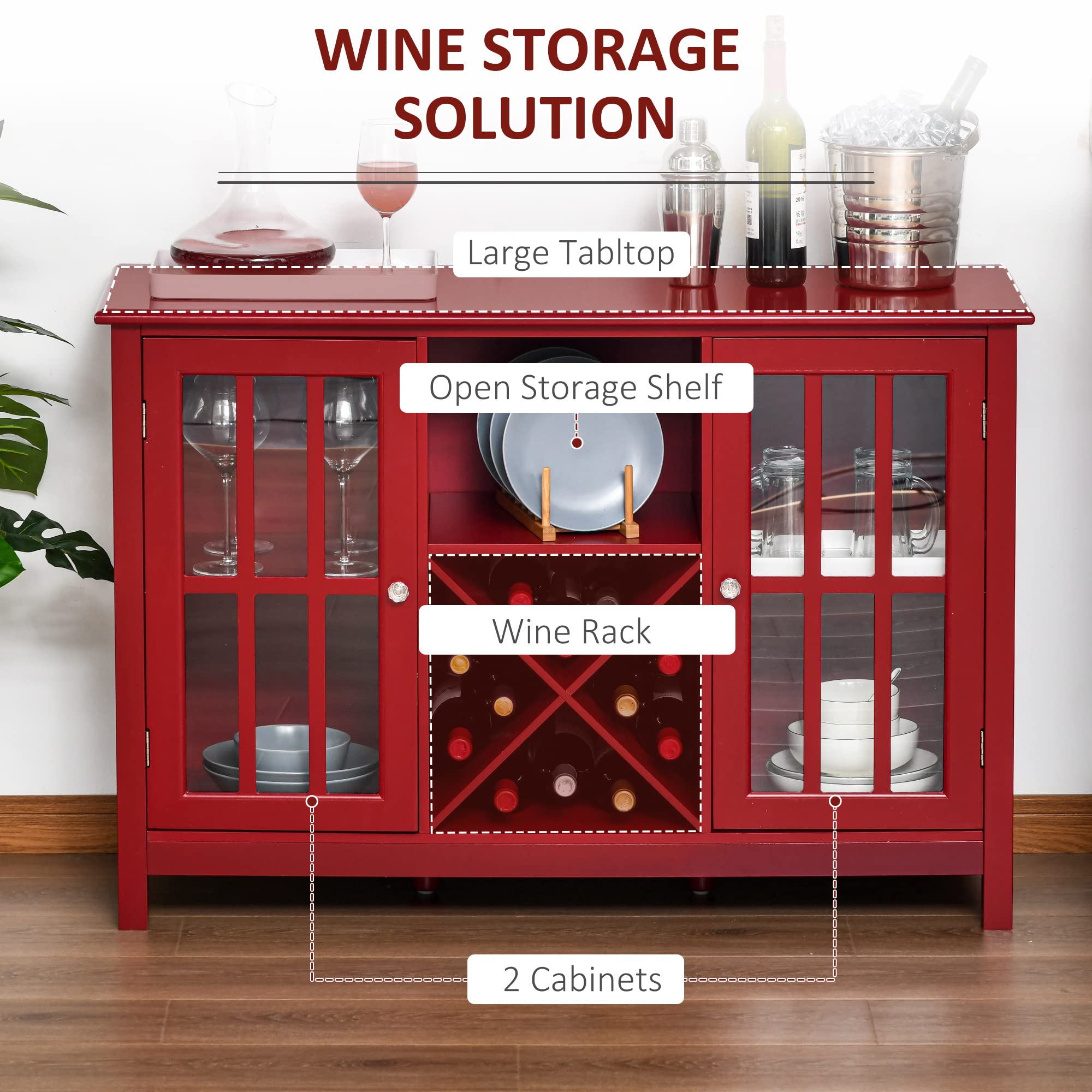 HOMCOM Sideboard, Glass Door Serving Buffet Cabinet, Liquor Cabinet with Adjustable Shelves, 12 Bottle Wine Rack for Living Room, Kitchen, Red