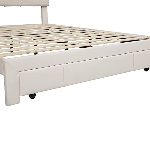 YuiHome Queen Bed Frame with Storage Drawer, Velvet Upholstered Storage Bed with Button Tufted Headboard, Wingback Platform Bed Queen Size,No Box Spring Required,Beige