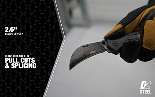 Southwire HBKND2 Edgeforce Hawk Bill Pocket Knife; 2.6" blade; D2 Steel; Stonewash Black Oxide Finish For Corrosion Resistance- Curved Blade For Pull Cuts And Splicing