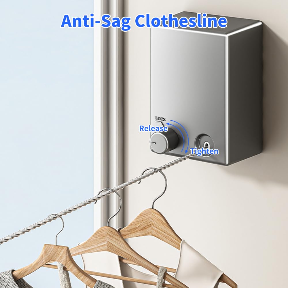 Retractable Clothesline, Indoor Outdoor Clothes Line, Heavy Duty Clothes Drying Laundry Line with 13.8 Ft Steel Wire, Retractable Indoor Clothes Lines for Drying, Hanging for Bathroom, Balcony, Hotel
