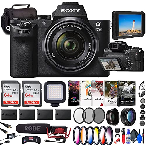 Sony a7 II Mirrorless Camera with 28-70mm Lens (ILCE7M2K/B) + 4K Monitor + Rode VideoMic + Filter Kit + Wide Angle Lens + Telephoto Lens + Color Filter + Bag + 2 x 64GB Card + More (Renewed)