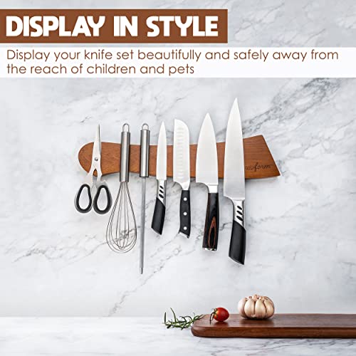 Magnetic knife holder for wall no drill - 16" Wooden knife magnetic strip no drilling option w/adhesive backing & drilling hardware | Magnetic knife strip | kitchen knife organizer rack -Dark Brown