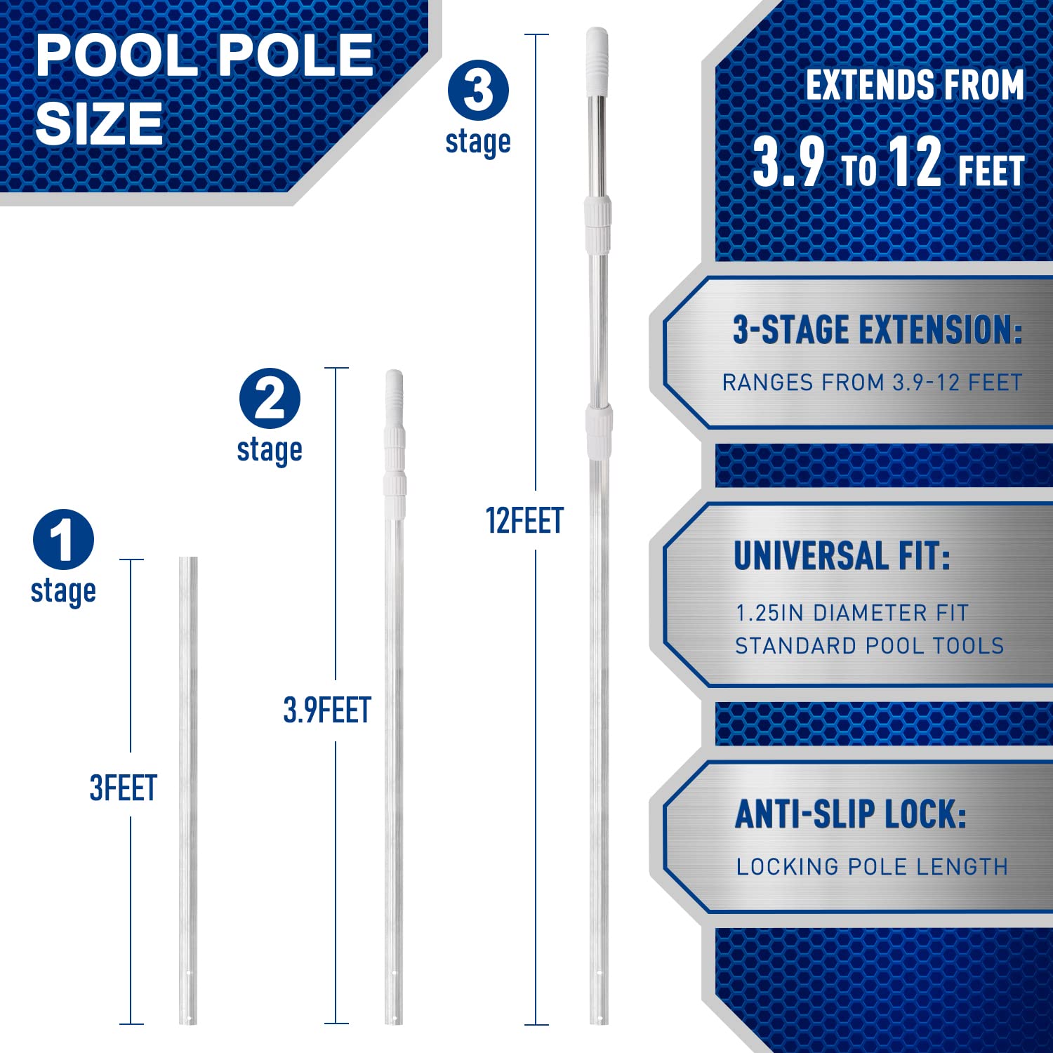 Polog 12FT Pool Pole Telescopic with Durable Buckle, Pool Extension Pole for Cleaning, 3-Section Adjustable Aluminum Pole for Pool Skimmer Net Leaf Rake Pool Brush Vacuum Head (12ft, Silver)