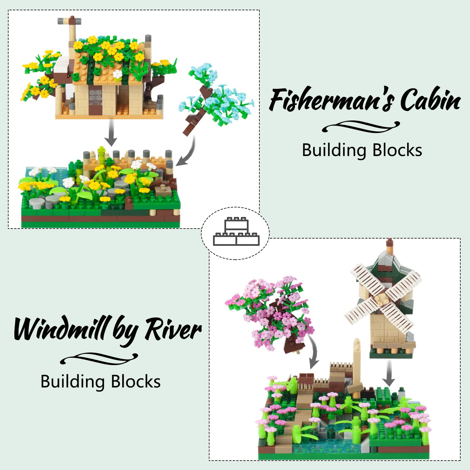 OundarM 2 Sets of Street View Mini Blocks Kit- Cherry Blossom Windmill Bonsai & Cabin Tree Building Blocks Set, Botanical Collection Building Set for Adults, 12+ Teens (1200 Pcs)