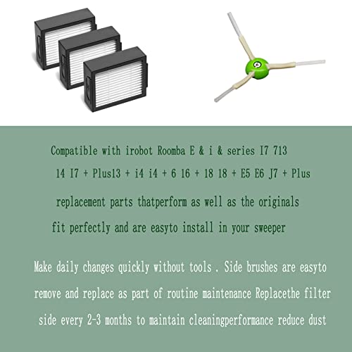 Replacement parts accessories compatible with irobot Roomba i3 i3+ i4 i6 i6+ i7 i7+ i8+/Plus E5 E6 E7 I, E&J series vacuum cleaner, 1 set multi-surface rubber brushes, 3 air filters & 3 side brushes.