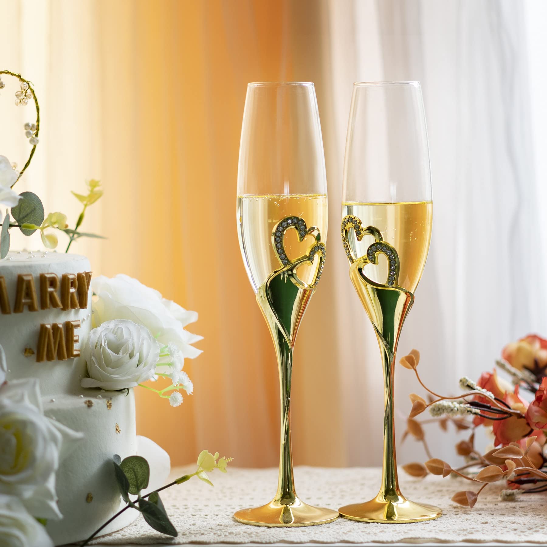 LANLONG Wedding Champagne Goblets Toasting Flute Glasses for Bride and Groom Creative Deluxe Glass Cups with Rhinestone Rimmed Heart Decoration Gift Set
