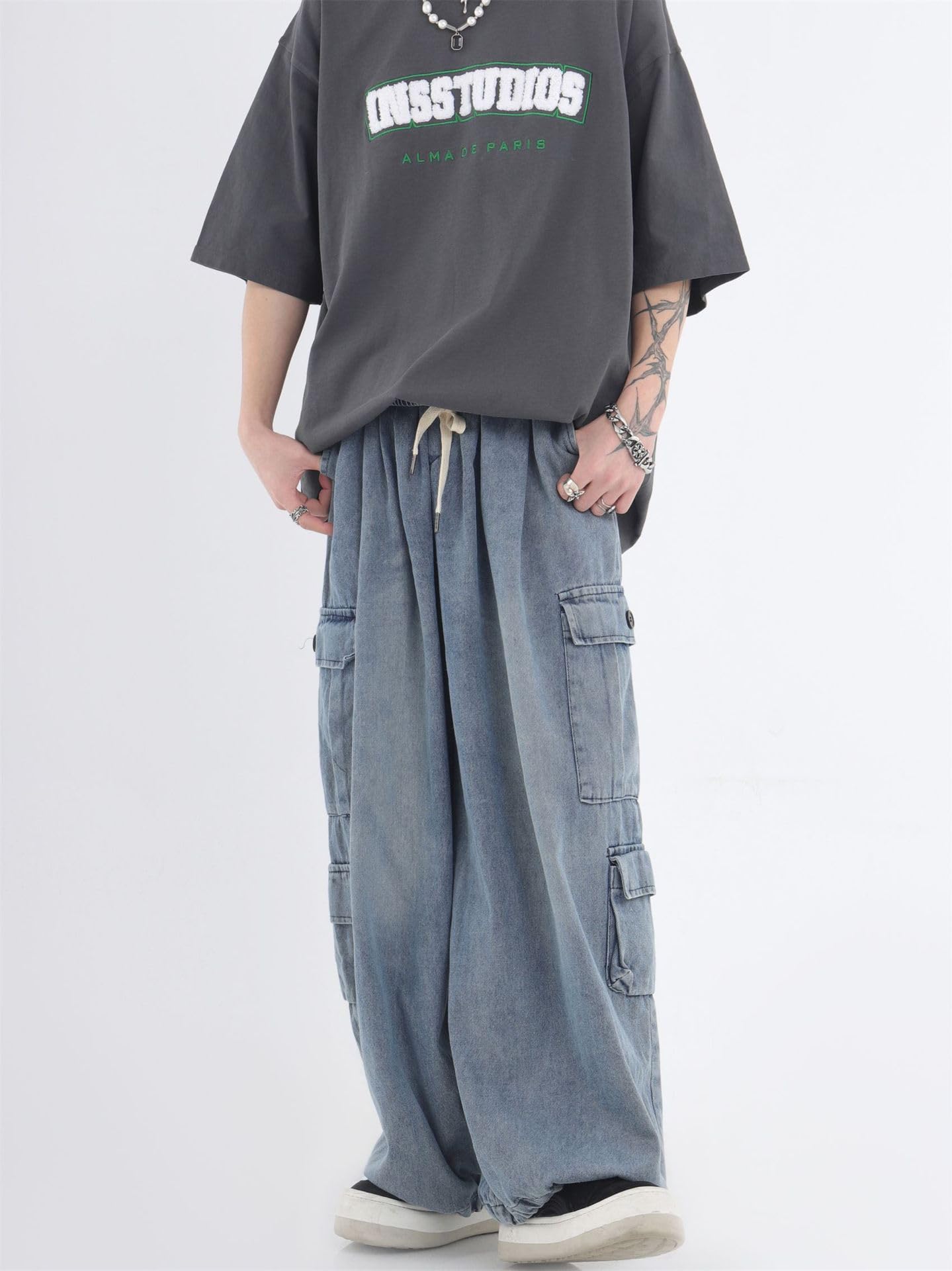 Grunge Emo Pants Y2K Baggy Jeans Fairycore Clothing Acubi Fashion Denim Cargo Sweatpant for Women Alt Goth Clothes (Blue,L)