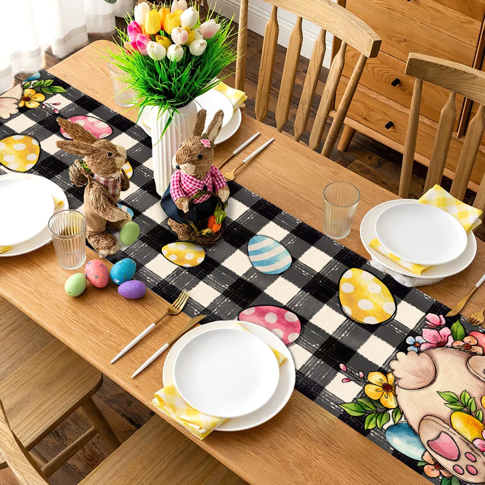 Seliem Happy Easter Bunny Rabbit Table Runner, Eggs Black Buffalo Plaid Check Kitchen Dining Table Decor, Flowers Spring Burlap Home Decoration Indoor Outdoor Holiday Party Supply 13 x 72 Inches