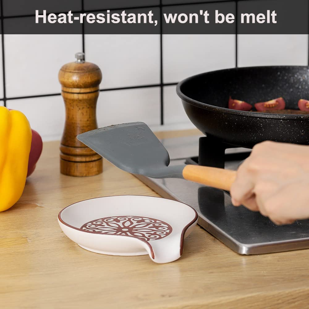Misijuer Ceramic Stable Spoon Rest, Heat Resistant Spoon Holder for Kitchen Counter/Counter top/Stove Top, Dishwasher Safe, Modern White Farmhouse Kitchen Flower Décor