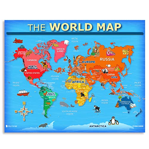 USA and World map poster 2 pack for kids Laminated large illustrated Light blue Young N Refined 15x20)
