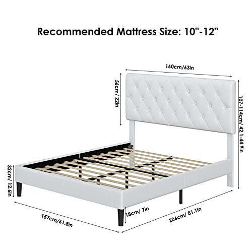 TTVIEW Upholstered Queen Bed Frame with Button Tufted Headboard, Modern Faux Leather Platform Bed with Wooden Slat Support, No Box Spring Needed, Sturdy and Noise-Free, Easy Assembly, White