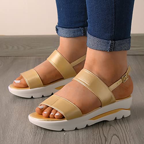Platform Sandals Women Slip On Breathable Comfy Block Chunky Heeled Platform Sandals for Party Dating Daily Gold
