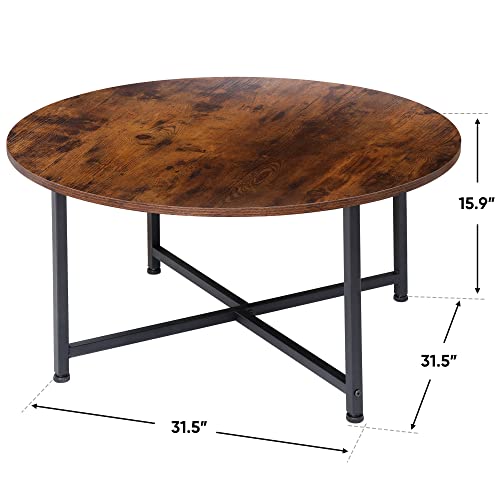 SUPER DEAL Round Coffee Tables w/ 32 Inch Rustic Wooden Surface Top and Sturdy Metal Legs Industrial Cocktail Table for Living Room, Rustic Brown