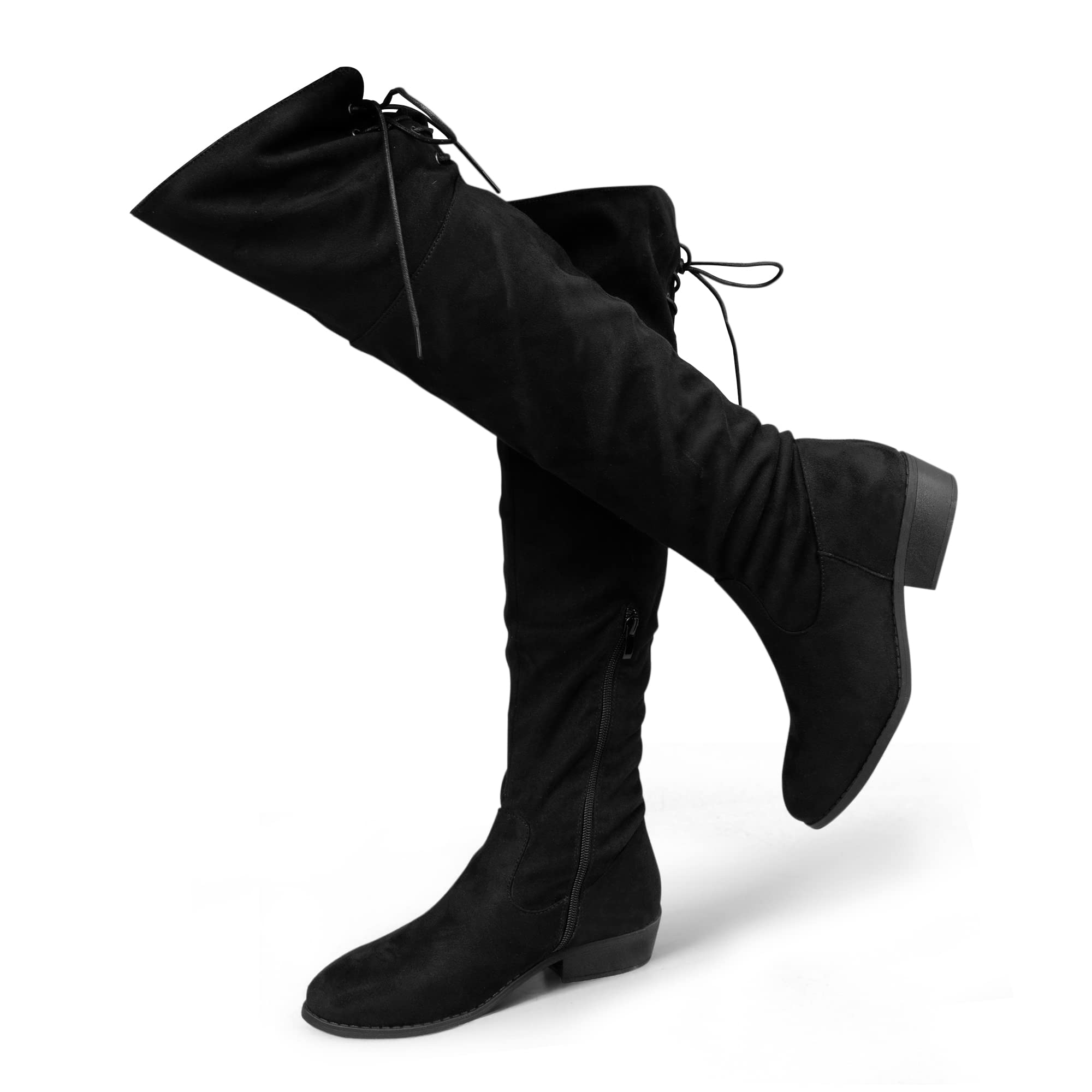 Hawkwell Women's Thigh High Fashion Boots Over The Knee Black Low Flat Heel Boots,Black Synthetic,8 M US