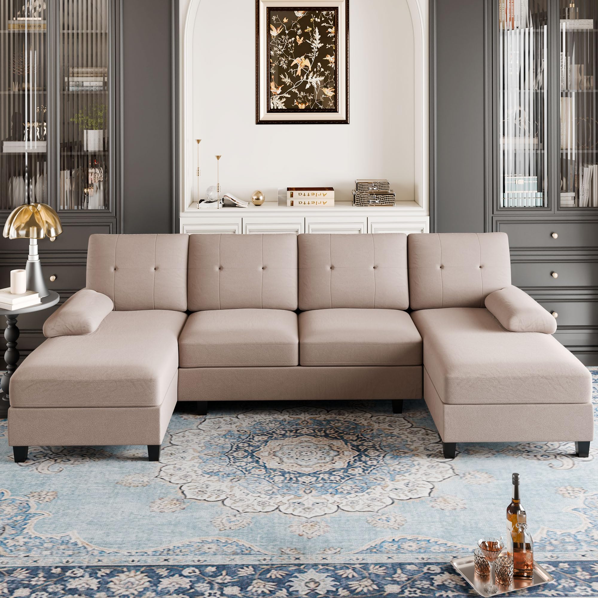 Shintenchi Convertible Sectional Sofa Couch, Modern Linen Fabric L-Shaped, 3-Seat Sofa Sectional with Storage Function Ottoman/Armrest Reversible Chaise for Living Room and Small Space (Gray)