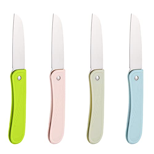 Sumteene Paring Knife, 4 Pcs Folding Knife, 3" Vegetable and Fruit Knife, Stainless Steel Small Kitchen Knife for Cooking, Peeling, Slicing, Picnics, & Travel, Pink/Green/Blue/Light Green