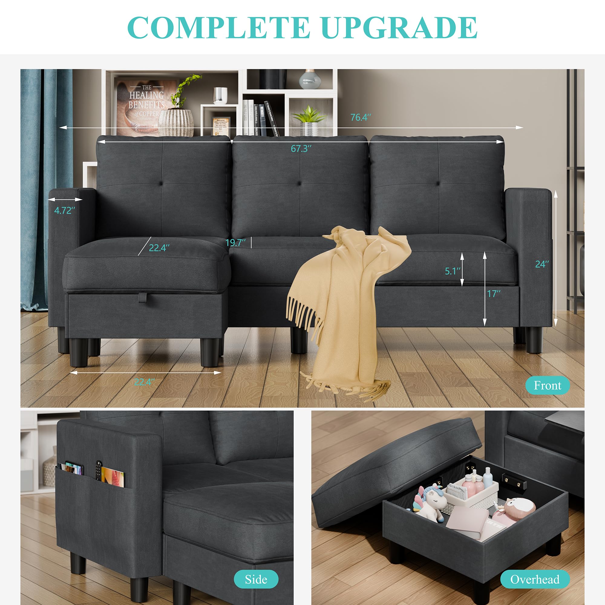 Shintenchi Convertible Sectional Sofa Couch, Modern Linen Fabric L-Shaped, 3-Seat Sofa Sectional with Storage Function Ottoman/Armrest Reversible Chaise for Living Room and Small Space (Black)
