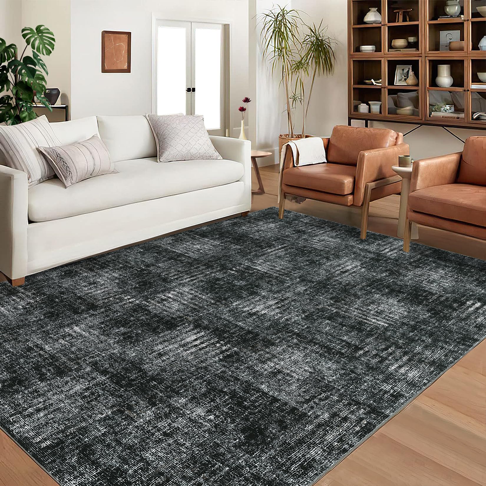 ROYHOME 8x10 Area Rug Machine Washable Rug for Living Room Plaid Checkered Indoor Accent Rug Stain Resistant Non-Slip Modern Abstract Aesthetic Floor Cover Carpet for Home Decor, Dark Grey