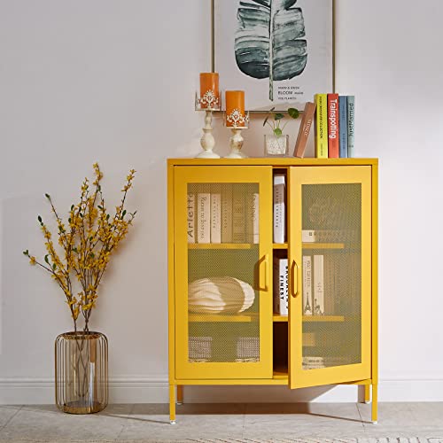SPACEROCK Storage Cabinet Kitchen Buffet Pantry 40β Stylish Metal Pantry Cabinet with 2 Mesh Doors, Suitable for Office, Dining Room, Living Room, Yellow