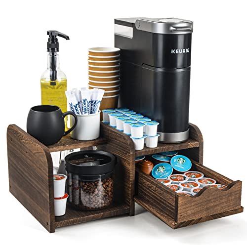 Soulhand Coffee Station Organizer with Drawer, Wooden Coffee Bar Accessories Organizer for Countertop, 48 Large Coffee Pods Storage Organizer, K-Cup Organizer for Home Office (Brown)