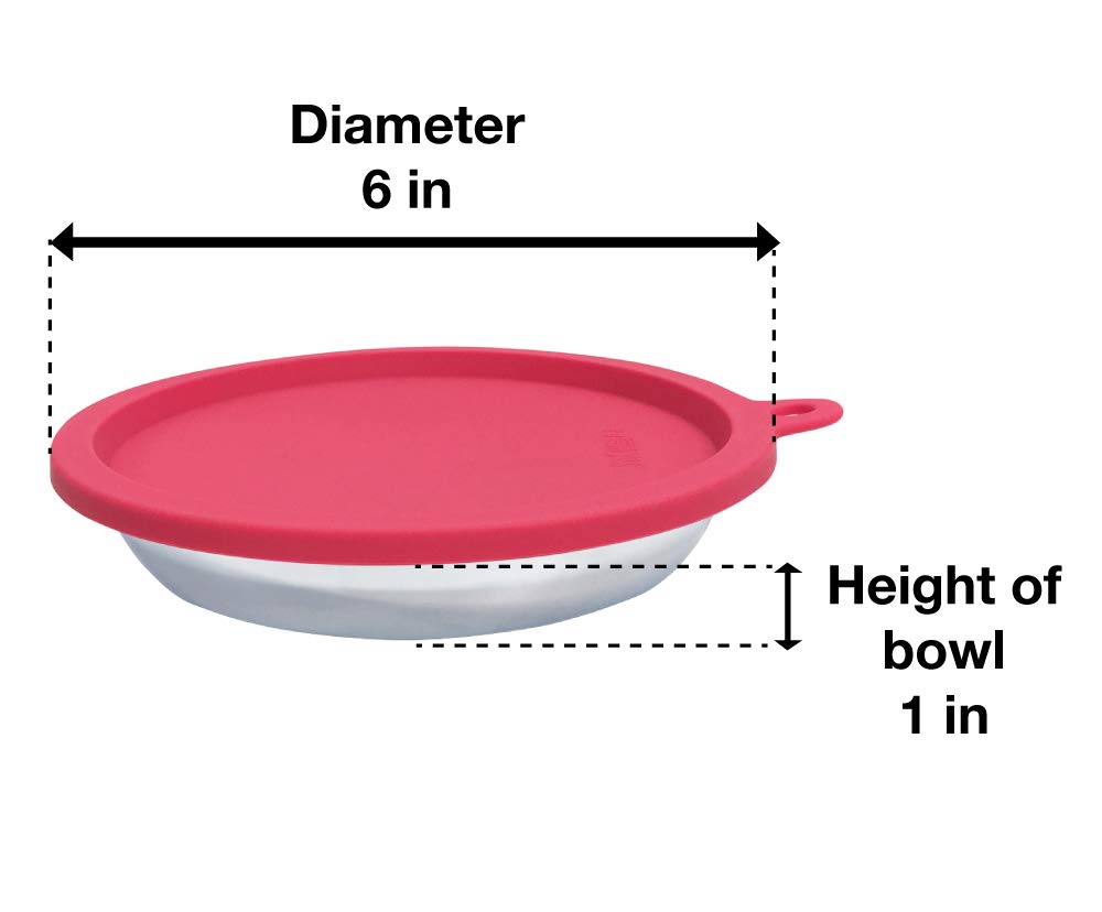 Messy Cats 4pc Set with Two Stainless Saucer Shaped Bowls and Two Silicone Lids, 1.75 Cups Per Bowl, Watermelon and Purple Lids