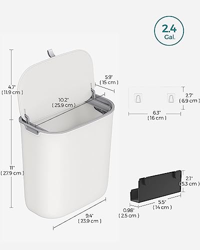 SONGMICS Hanging Trash Can, 2.4-Gallon Kitchen Trash Can with Lid for Food Waste, Wall Mounted Trash Can, Hanging or Sticking on Cupboard Door, for Kitchen Cabinet, Under Sink, White ULTB820W9