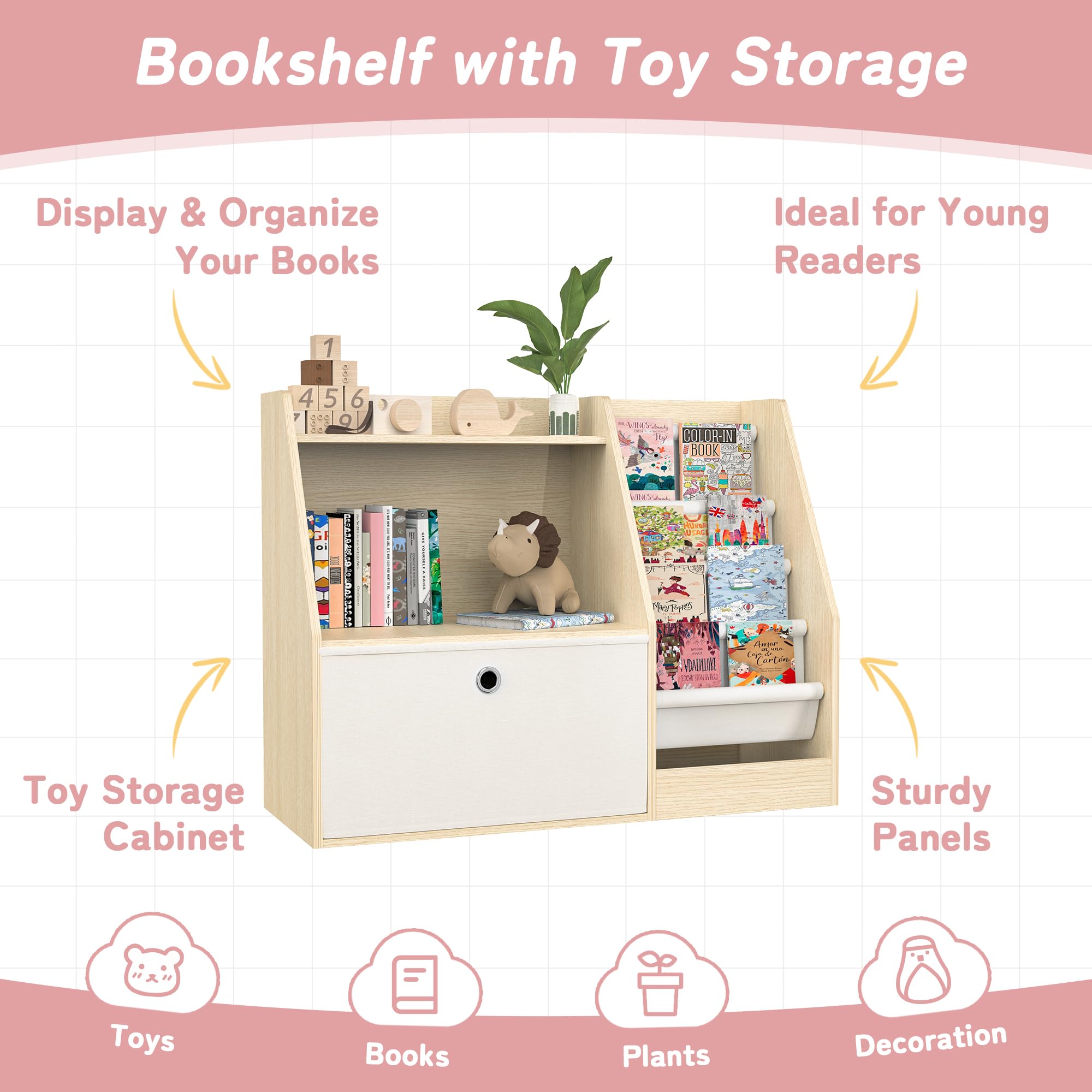 TOETOL Kids Bookshelf & Book Storage,4 Sling Wooden Toddler Book Shelf,2-Tier Wooden Open Bookcase & Storage Organizer Boxes for Nursery, Playroom, Bedroom