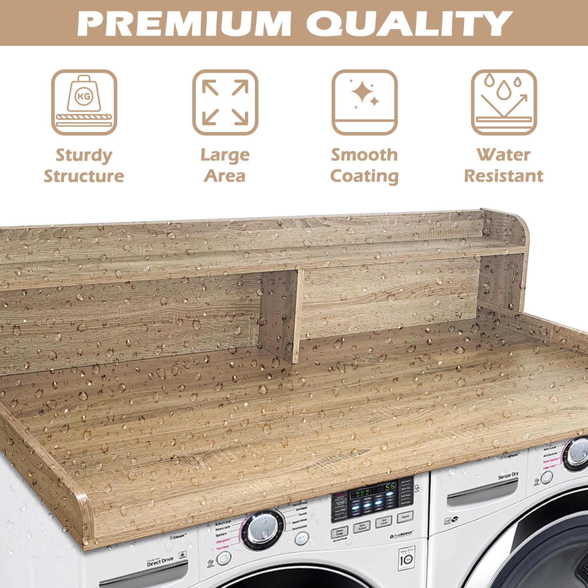 Royxen Laundry Countertop with 2-Tier Shelf Universal Fit, Washer and Dryer Countertop with Storage Space, Shelf Height 12 Inches, White Oak
