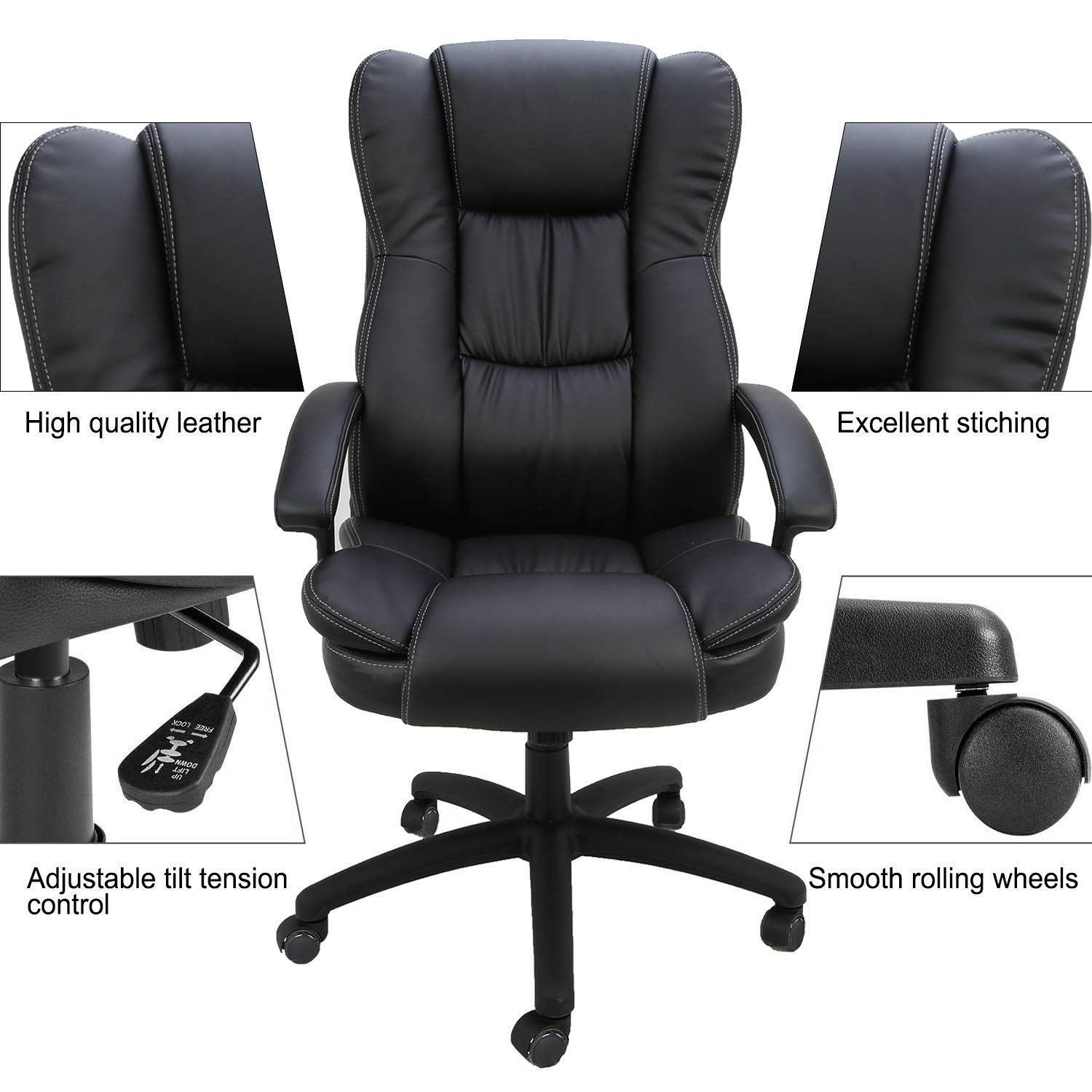 HOMEFUN Ergonomic Executive Office Chair, Black High Back Comfortable Adjustable Leather Home Desk Chair Big and Tall Computer Task Chair with Lumbar Support