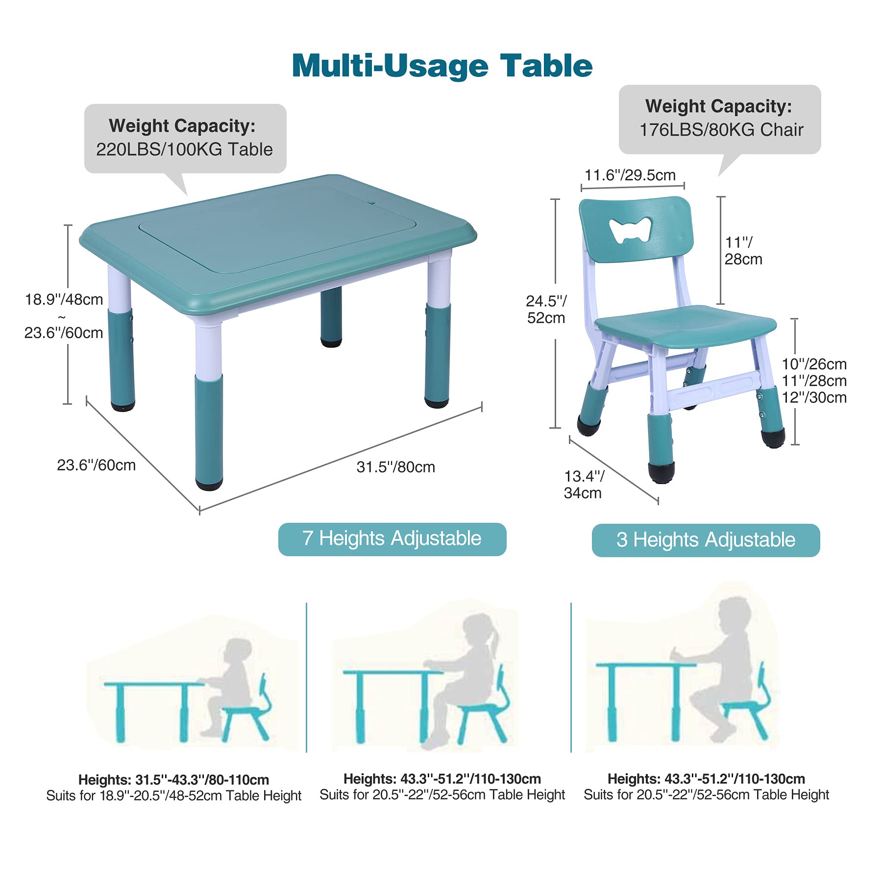 RedSwing Kids Table and Chair Set, 3 in 1 Multi Activity Building Block Table with 2 Chairs, Height Adjustable Toddlers Play Table with Storage Bins, Blue