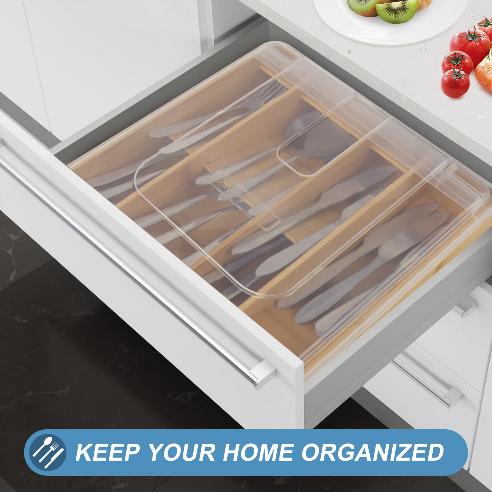 YICOCHI Utensil Holder for Countertop with Lid, Bamboo Silverware Tray for Drawer, 7 Compartments Flatware Organizer with Labels