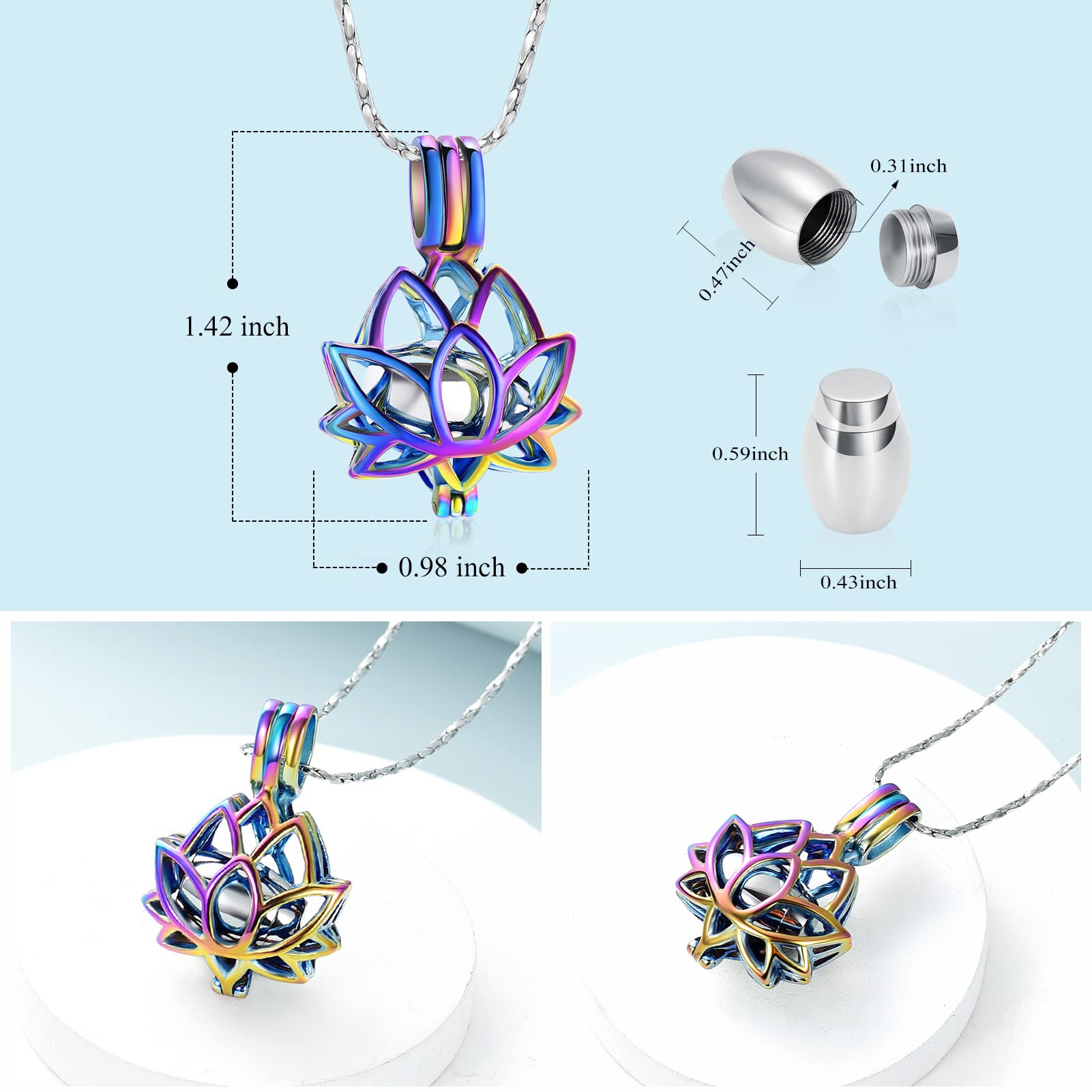 Imrsanl Cremation Jewelry for Ashes - Lotus Flower Ashes Pendant Necklace with Mini Keepsake Urn Memorial Ash Jewelry (Colorful-Silver)