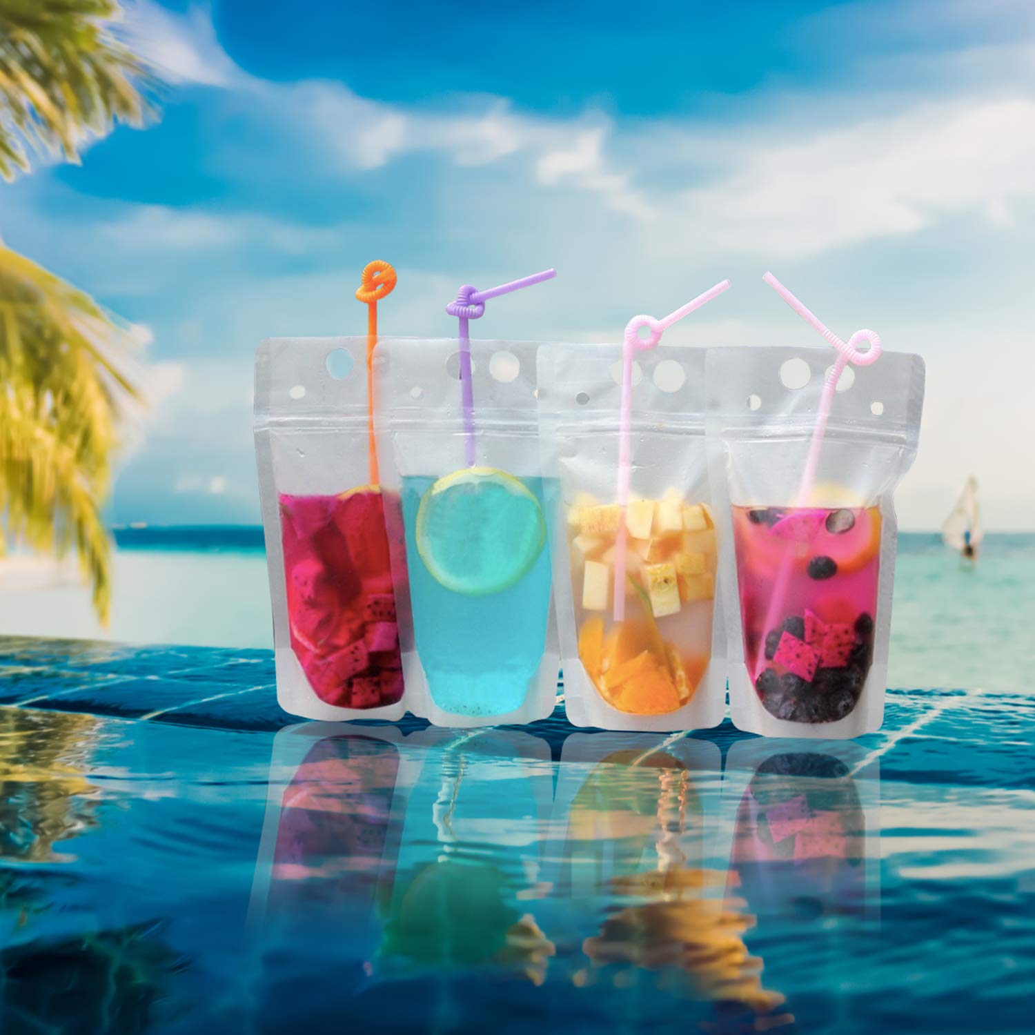 Lainrrew 50 Pcs Drink Pouches with 50 Pcs Straws, Freezable Juice Pouches Bags Reclosable Zipper Plastic Smoothie Bags Heavy Duty Hand-Held Translucent Ice Drink Pouches Bag for Cold & Hot Drinks