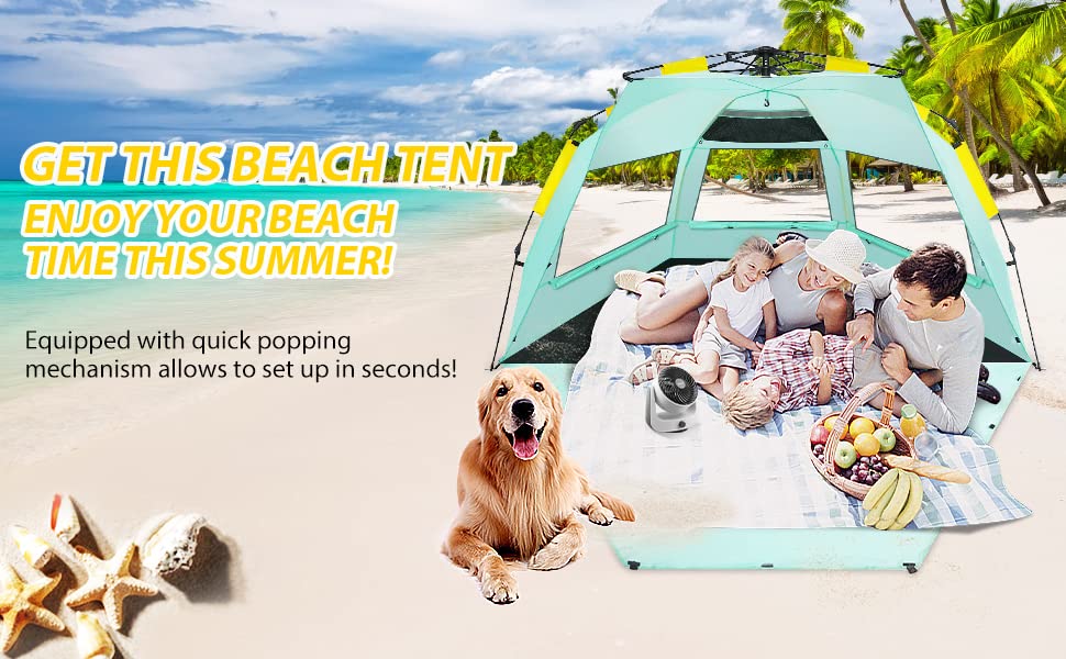 LIMRACVE Pop Up Beach Tent Shade Sun Shelter for 4-5 People with UPF 50+ Protection, Beach Canopy with 3 Ventilation Windows, Extended Floor, Sandbags, Stakes & Guy Lines(Turquoise)