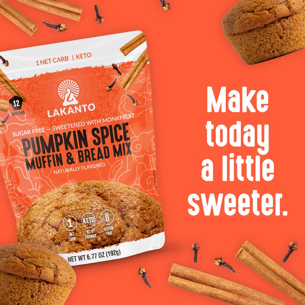 Lakanto Sugar Free Pumpkin Spice Muffin and Bread Mix - Sweetened with Monk Fruit, Keto Diet Friendly, Gluten Free, Dairy Free, 1g Net Carbs - Makes 12 Muffins