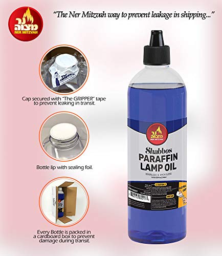Ner Mitzvah Paraffin Lamp Oil - Blue Smokeless, Odorless, Clean Burning Fuel for Indoor and Outdoor Use with E-Z Fill Cap and Pouring Spout - 32oz