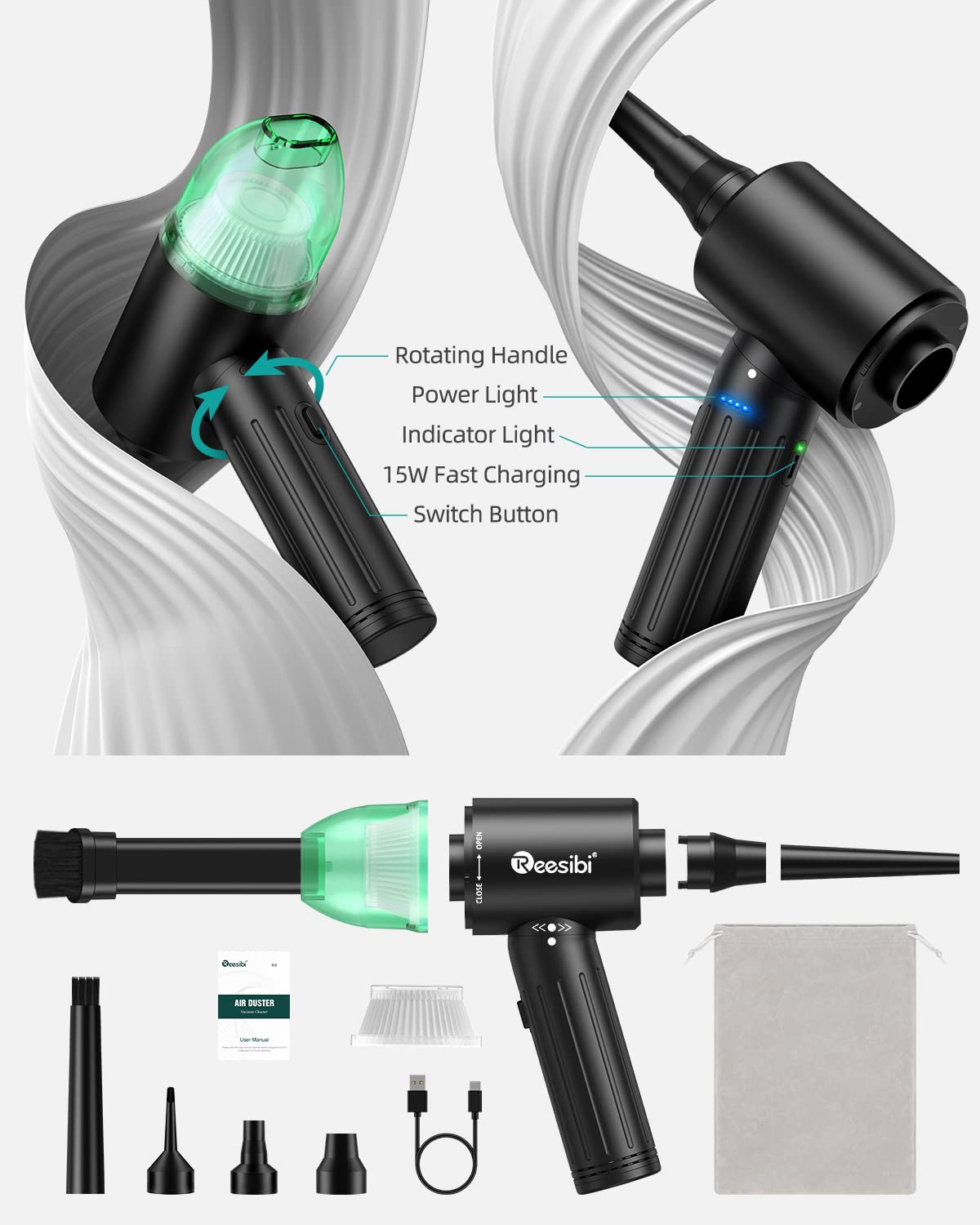 Reesibi Powerful Compressed Air Duster - 130000RPM Brushless Motor, Electric Air Duster for Computers with 4 Battry Indicator, Replace Canned Air Dusters, 7500mAh