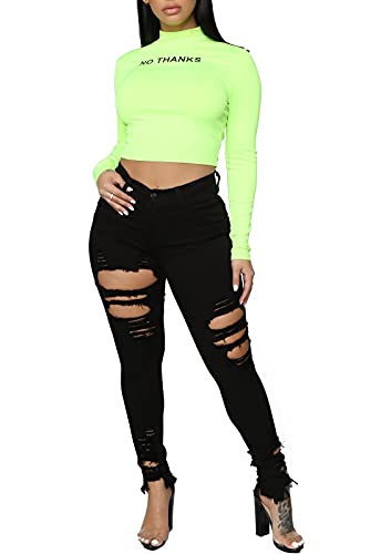 ZERMOM Women's Ripped Skinny Jeans Stretch Mid Rise Distressed Destroyed Denim Pants Black