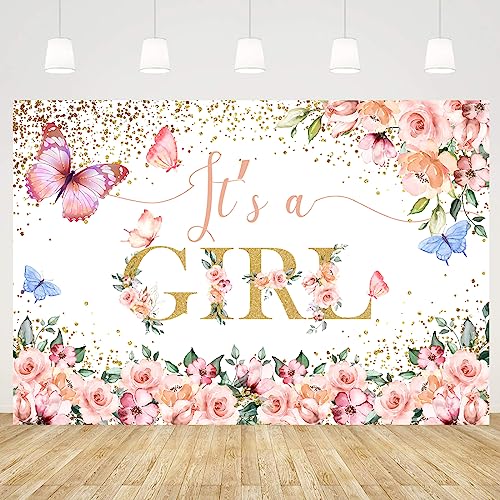 Withu It's a Girl Backdrop for Baby Shower Party Decorations Blush Pink Floral Rose Flowers Butterfly Glitter Gold Dots Photo Booth Banner Photoshoot Photography Background 7x5ft