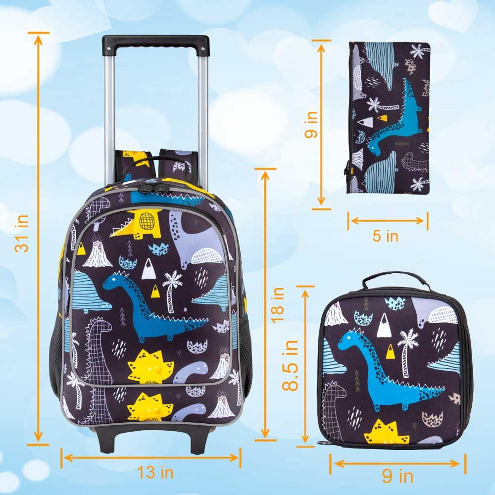 gxtvo Rolling Backpack for Boys, Roller Wheels Kids Bookbag - Wheeled Suitcase Elementary School Bag - 3PCS Dinosaur