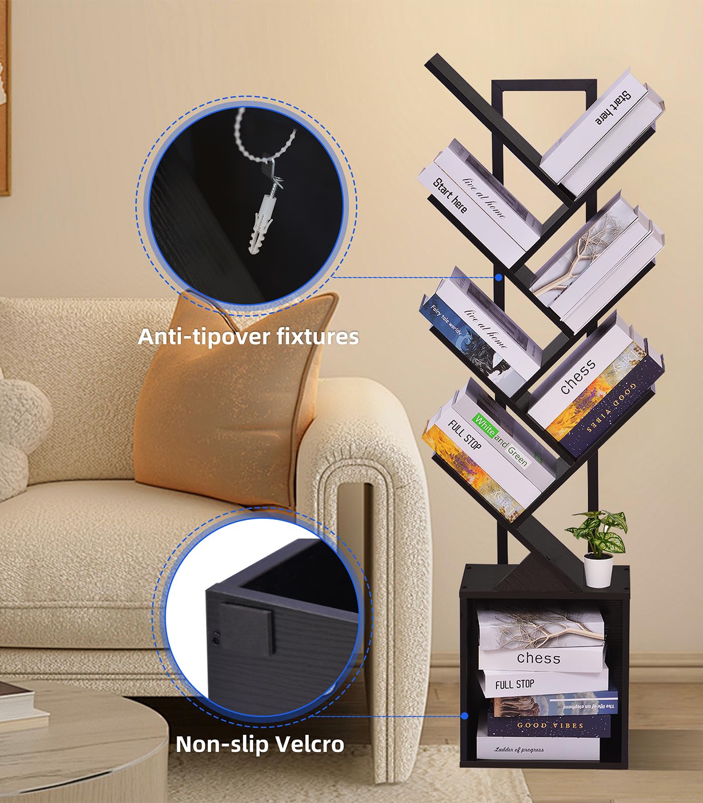 YSVCO 7 Tier Tree Bookshelf, Tall Narrow Wood Book Shelf, Freestanding Bookcase with Storage Cabinet, Floor Standing Display Storage Shelf for CD/Book, Living Room, Home Office Black BS36BS