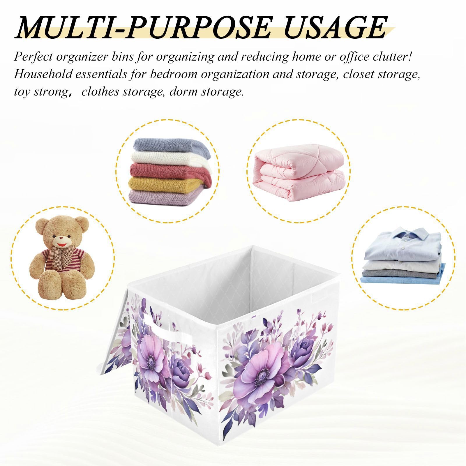 senya Baskets Collapsible Storage Bins with Lids, Purple Rose Leaves Storage Boxes Clothes Baskets for Organizing